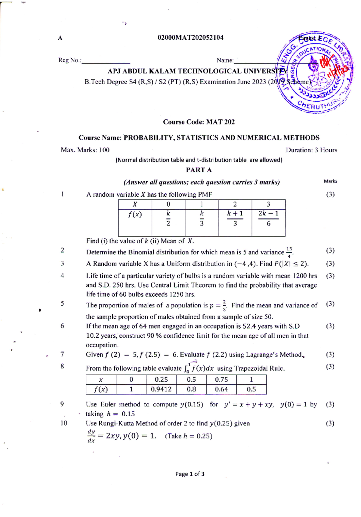 MAT202 Final Exam: Probability, Statistics & Numerical Methods, June '23 - Studocu