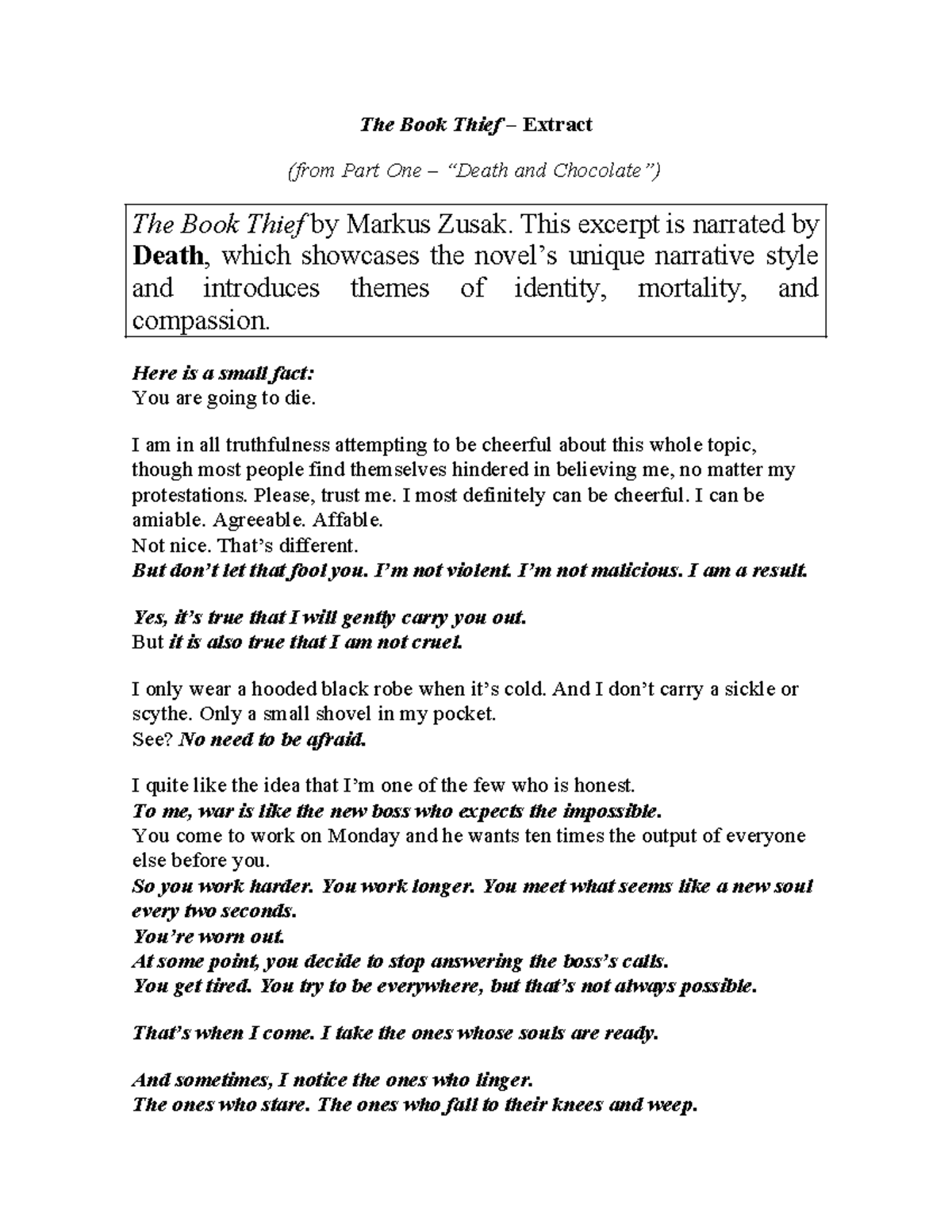 The Book Thief Excerpt Analysis: Themes of Mortality & Identity - Studocu