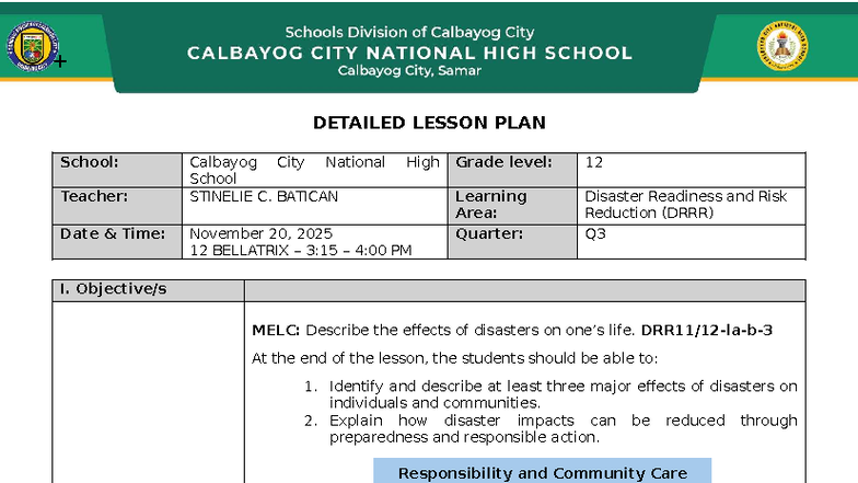 DRRR 12 BELLATRIX Q3 Lesson Plan: Effects of Disasters on Life - Studocu