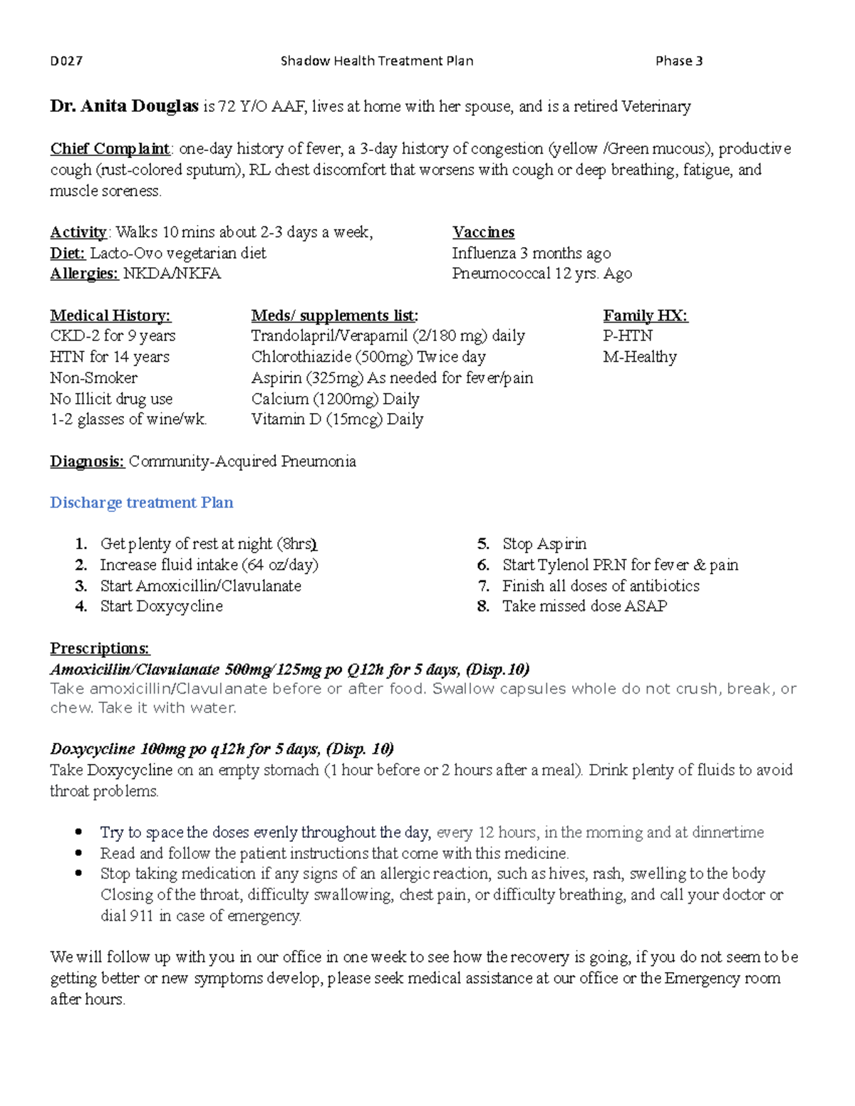 Shadow Health Treatment Plan for Dr. Douglas: Phase 3 Guide - Studocu