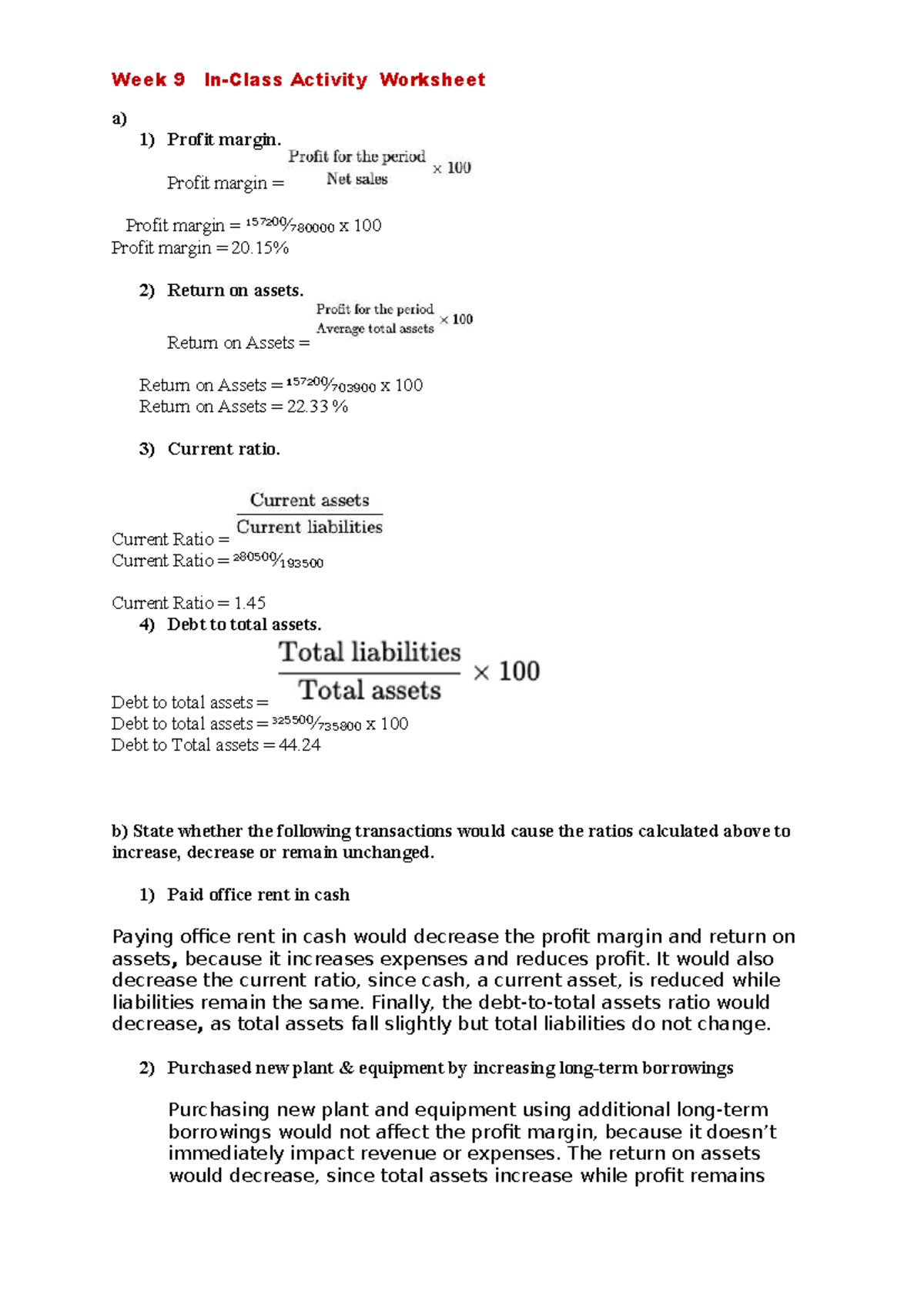 Week 9 In-Class Activity: Financial Ratios Analysis Worksheet - Studocu