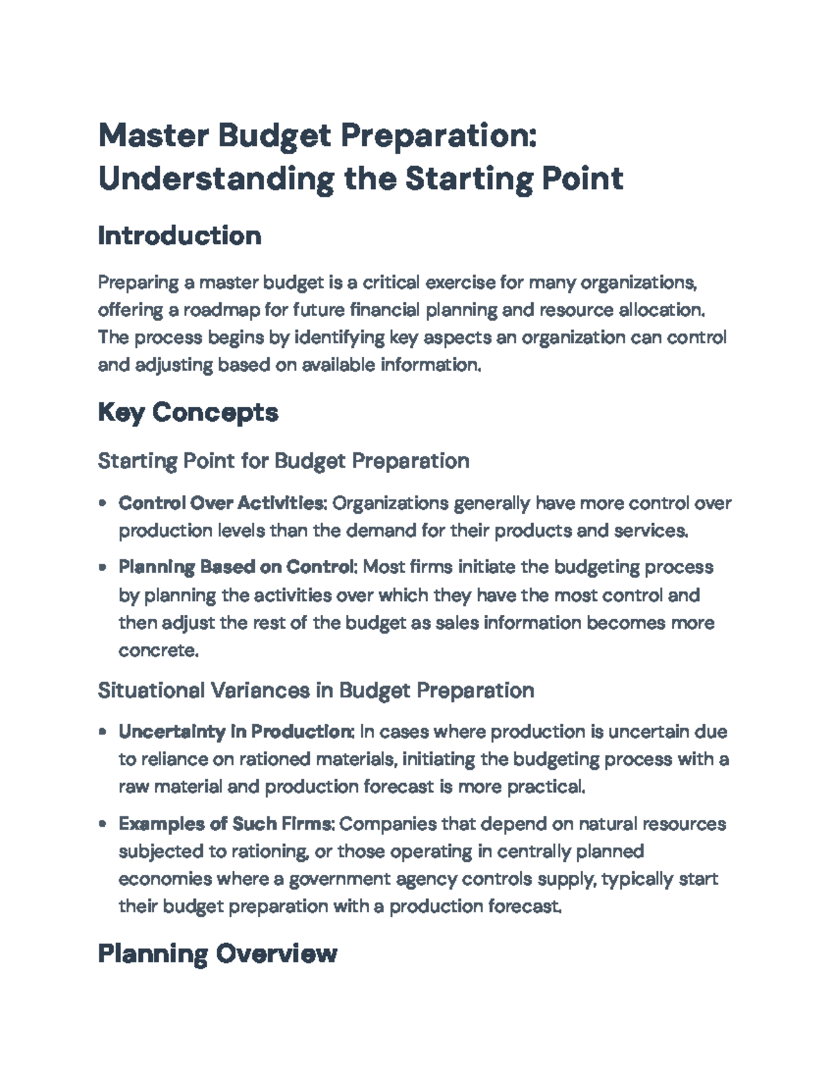 Master Budget Preparation: Starting Point and Key Considerations ...