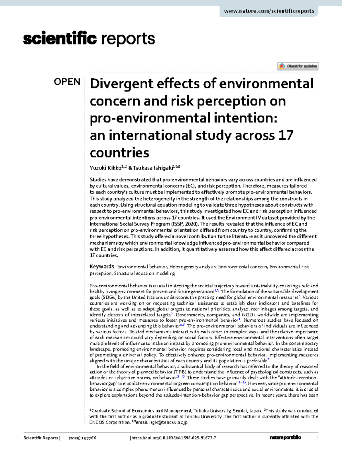 OPEN Divergent Effects of Environmental Concern and Risk Perception on ...