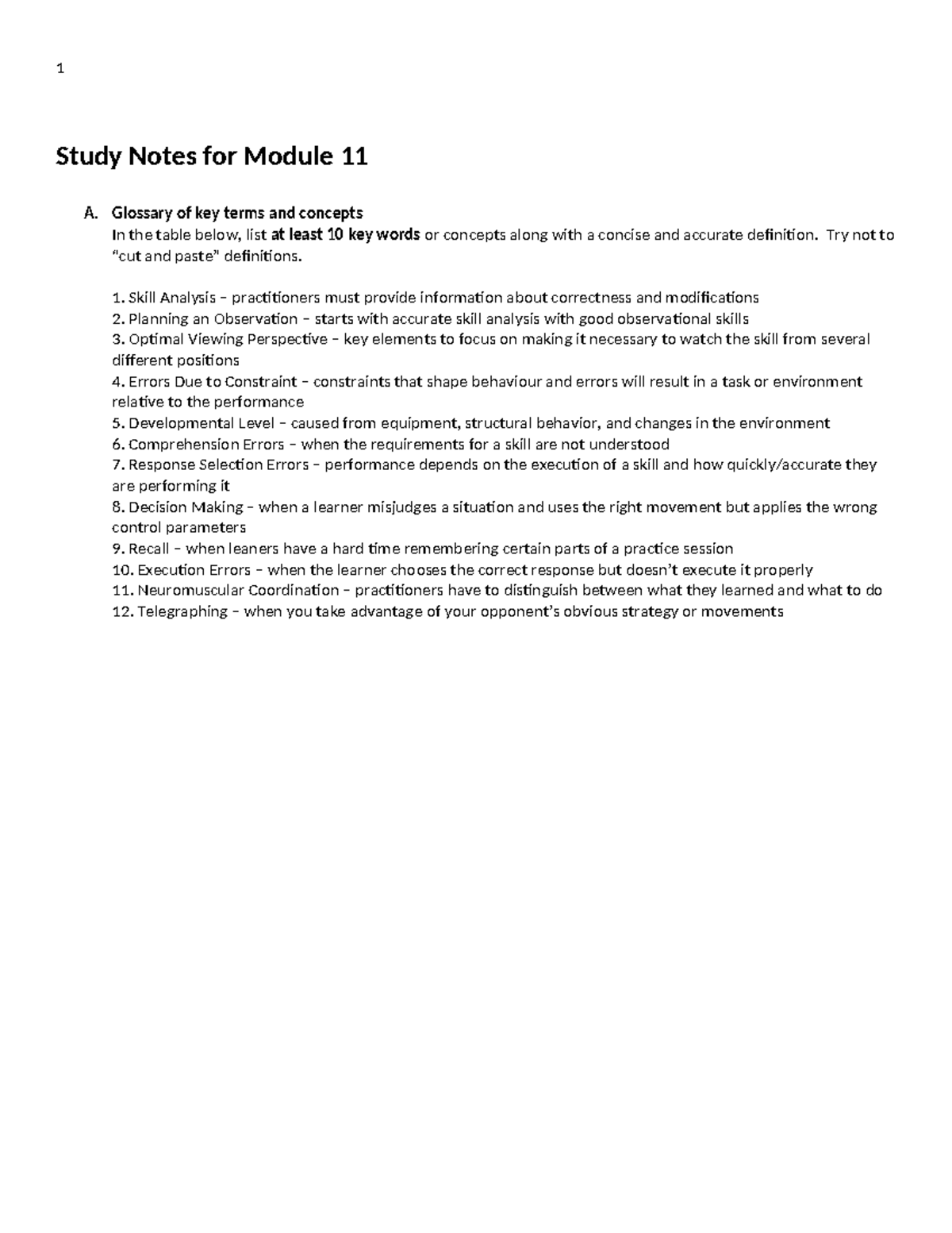 KP161 Study Note Module 11 - Study Notes for Module 11 A. Glossary of ...