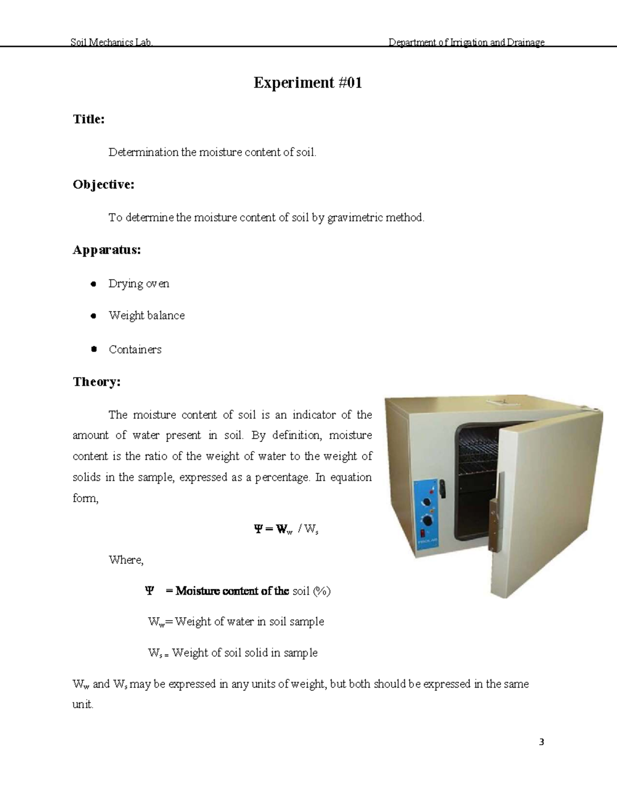 Soil Mechanics Lab: Moisture Content Determination by Oven Drying - Studocu