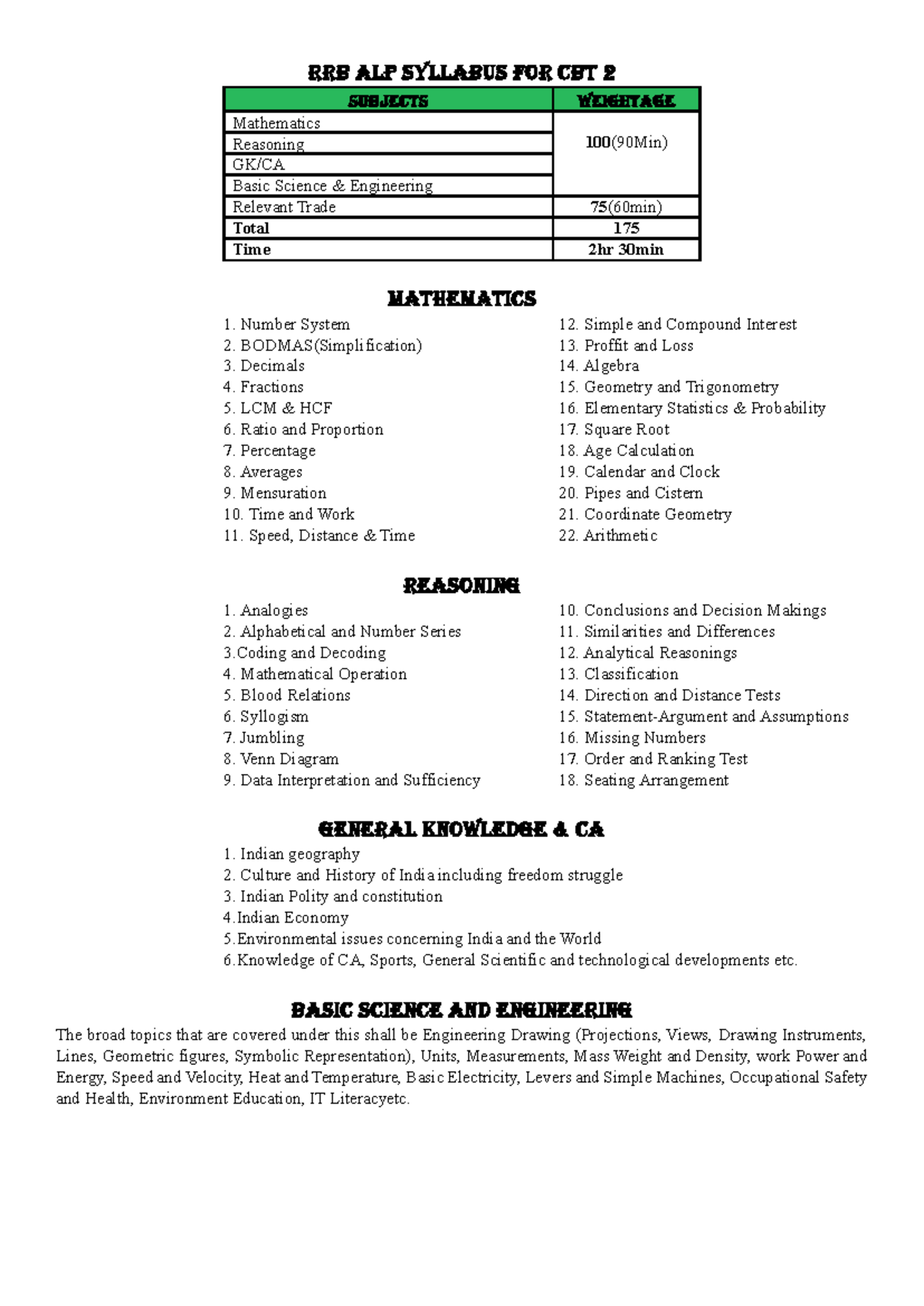 RRB CBT 2 Syllabus: Mathematics, Reasoning & Basic Science - Studocu