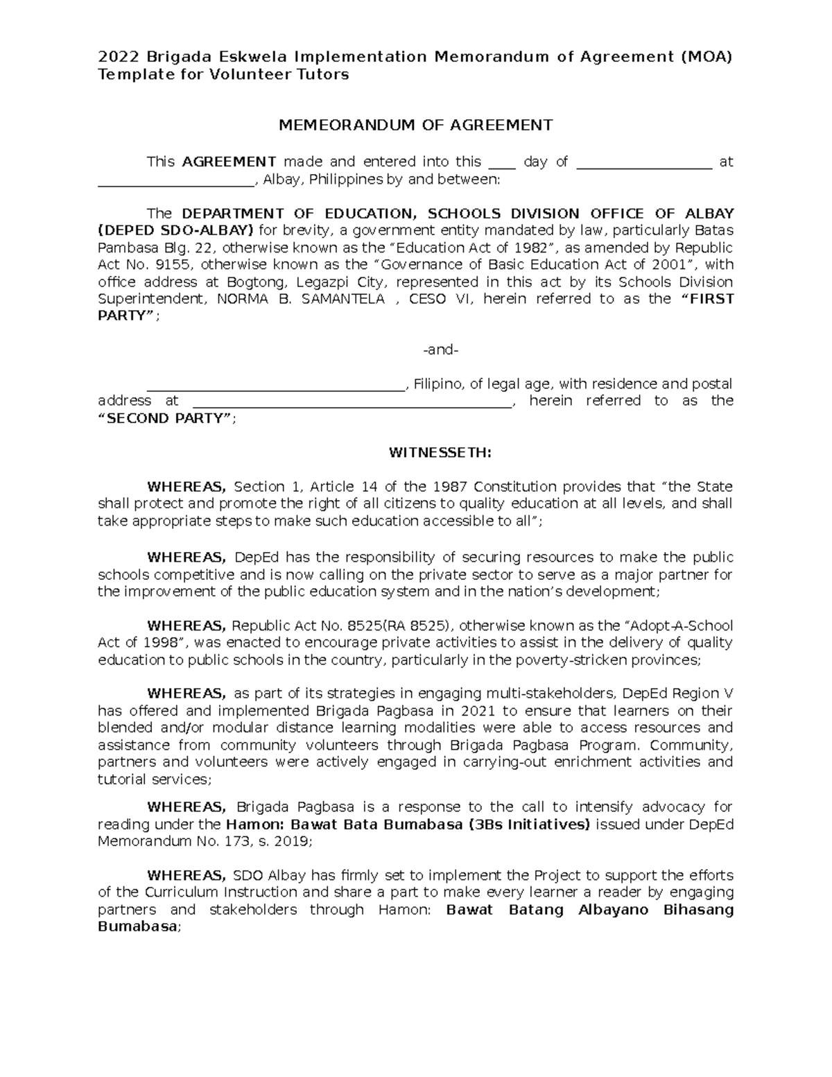 MOA Template for Volunteer Tutors - DEPED SDO Albay - Studocu