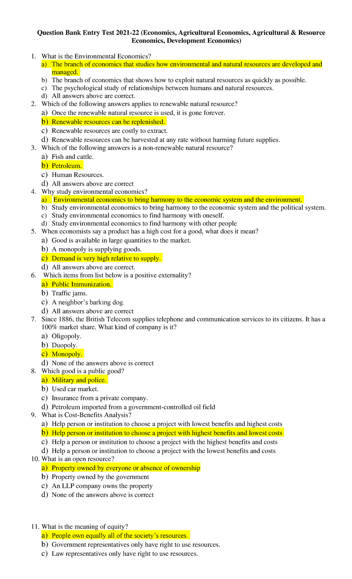 Economics Exam Question Bank (2021-22) - Focused on Environmental ...