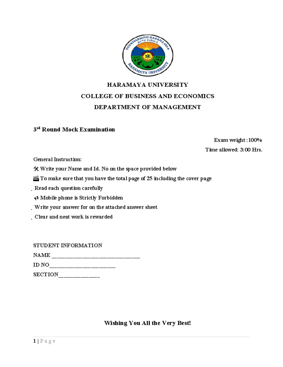 HARAMAYA UNIVERSITY MANAGEMENT DEPT 3rd Round Mock Exam Guide - Studocu