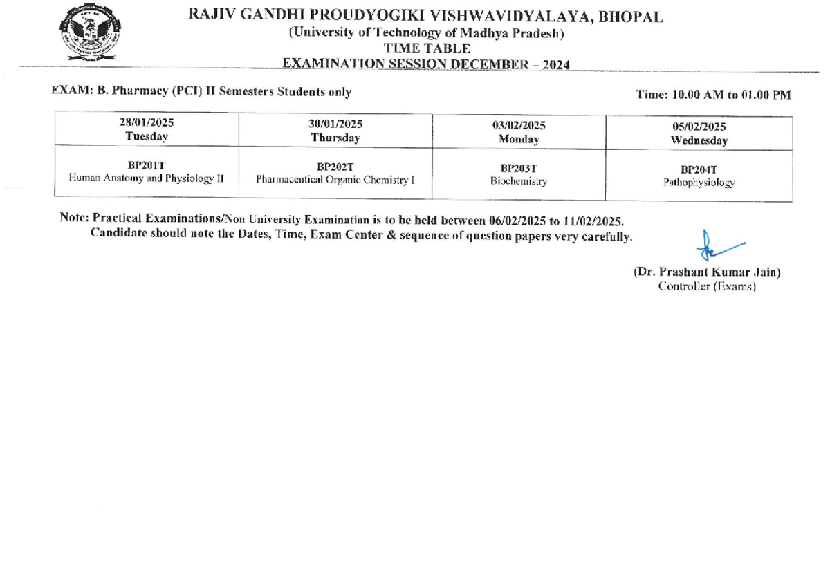 B. Pharmacy II Sem Timetable (Dec 2024) - RAJIV GANDHI PROUDYOGIKI ...