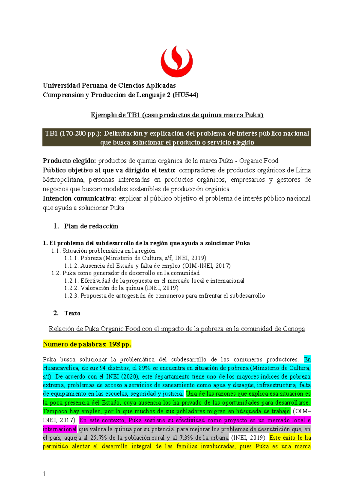 Comprensión y Producción de Lenguaje 2 (HU544) - Caso Puka Organic Food ...