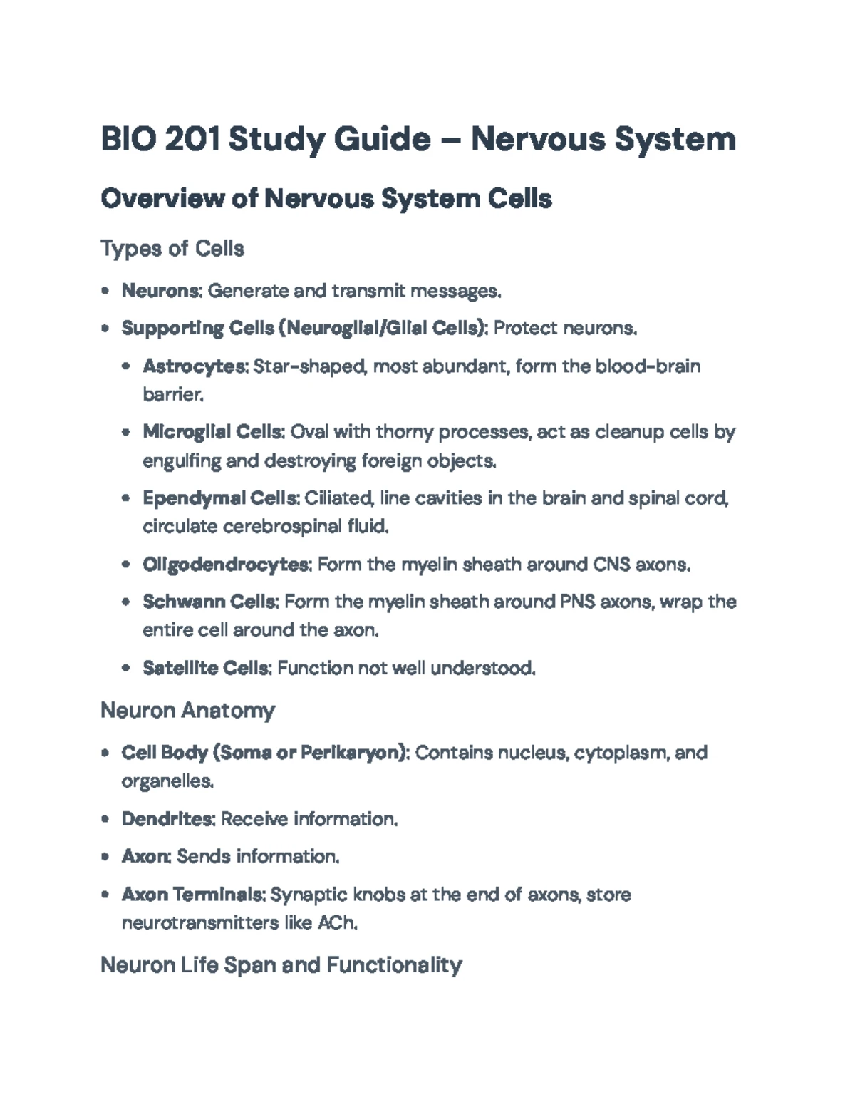 Comprehensive Overview of the Nervous System (BIO101) - Studocu
