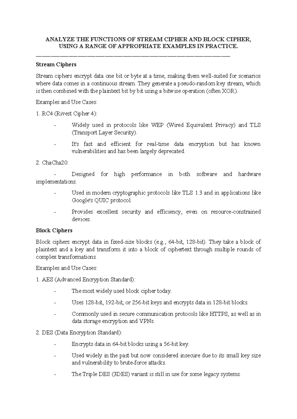 Functions of Stream and Block Ciphers: Examples and Applications - Studocu