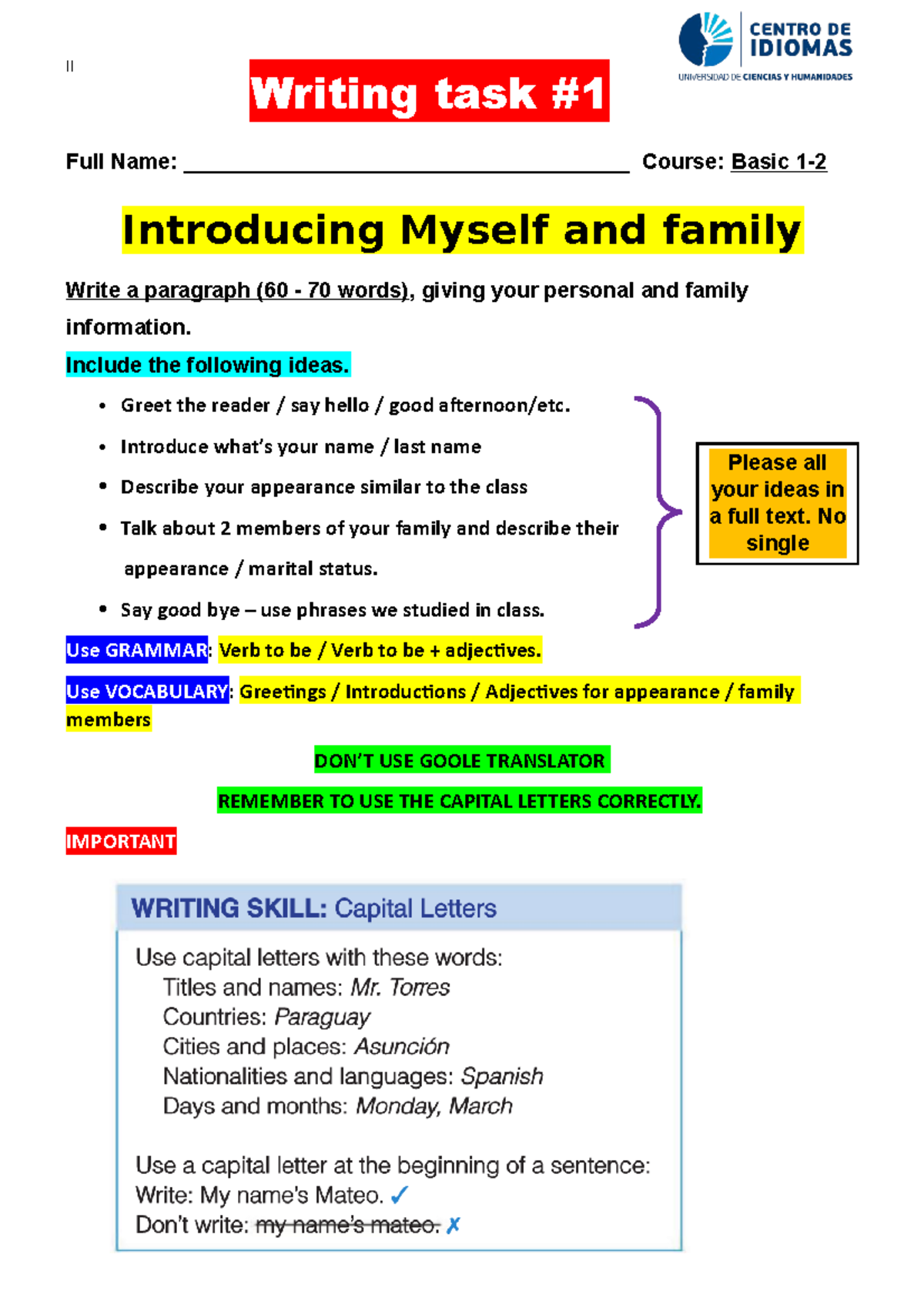 Writing Task 1 - Introducing Myself & My Family (Basic 1) - Studocu