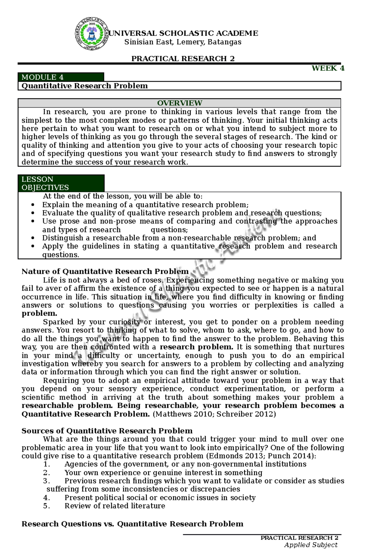 4 Quantitative Research Problem - UNIVERSAL SCHOLASTIC ACADEME Sinisian ...