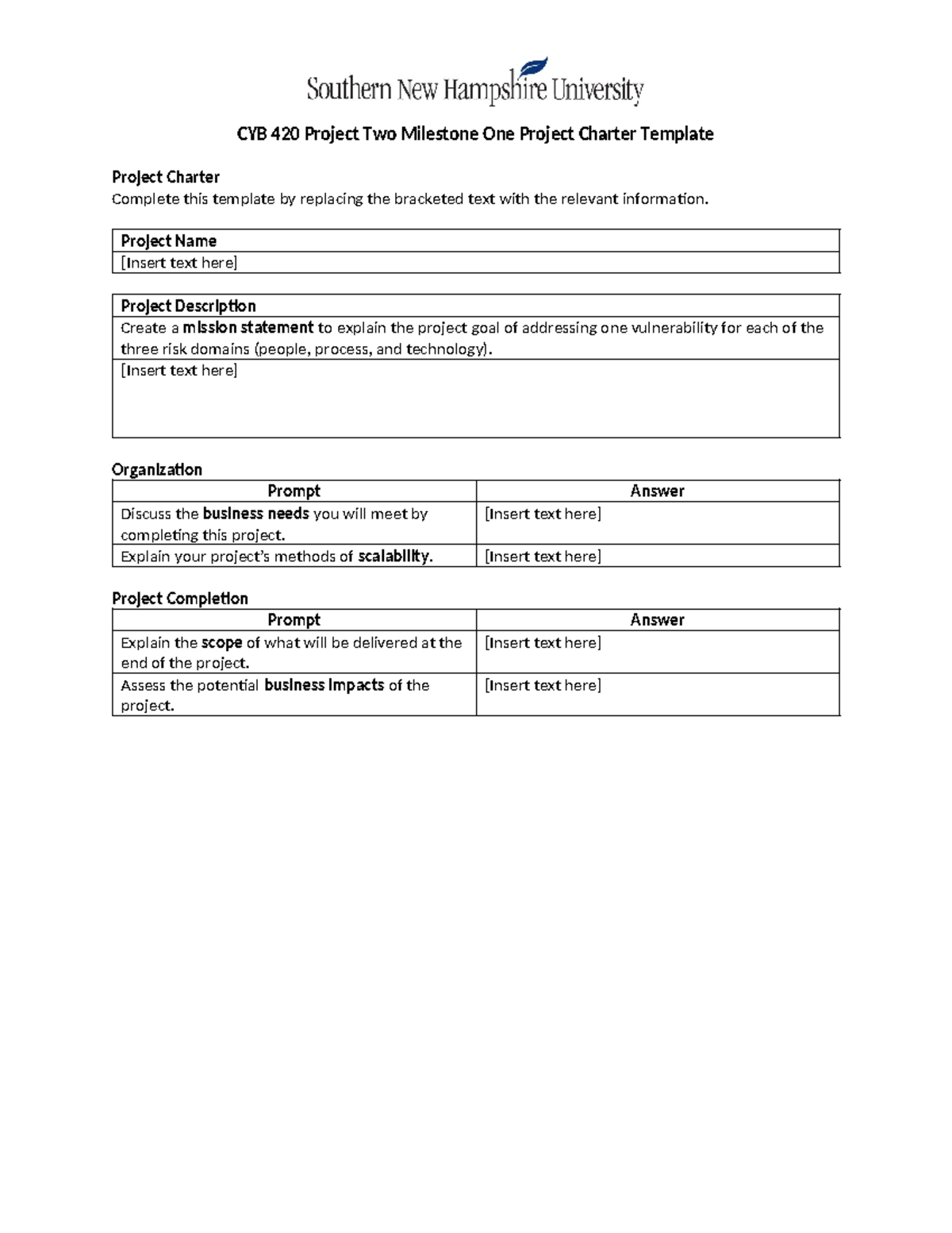 CYB 420 Project Two Milestone 1: Project Charter Template Guide - Studocu