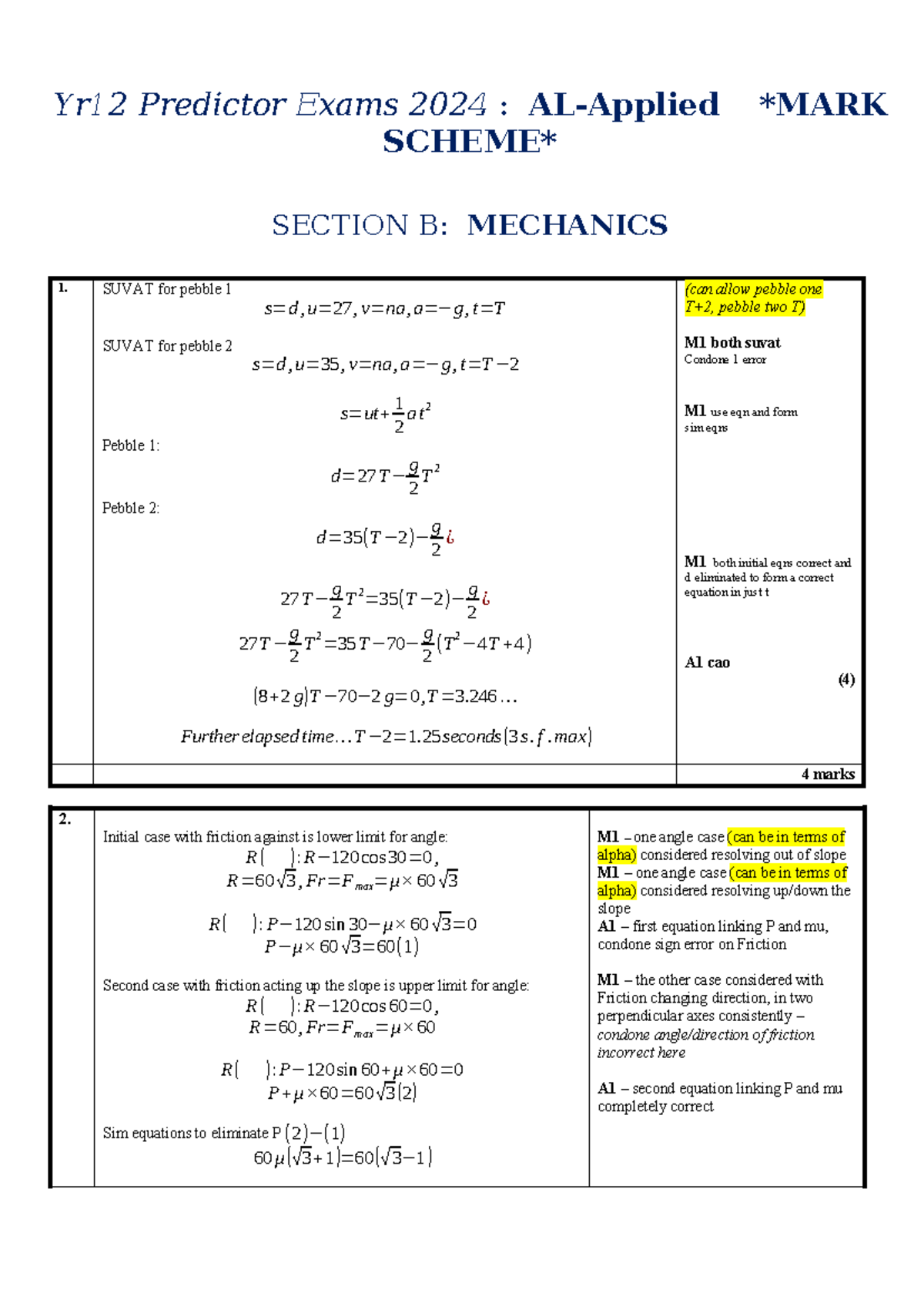 Yr12 Predictor Exams 2024: AL Applied Mechanics Mark Scheme - Studocu