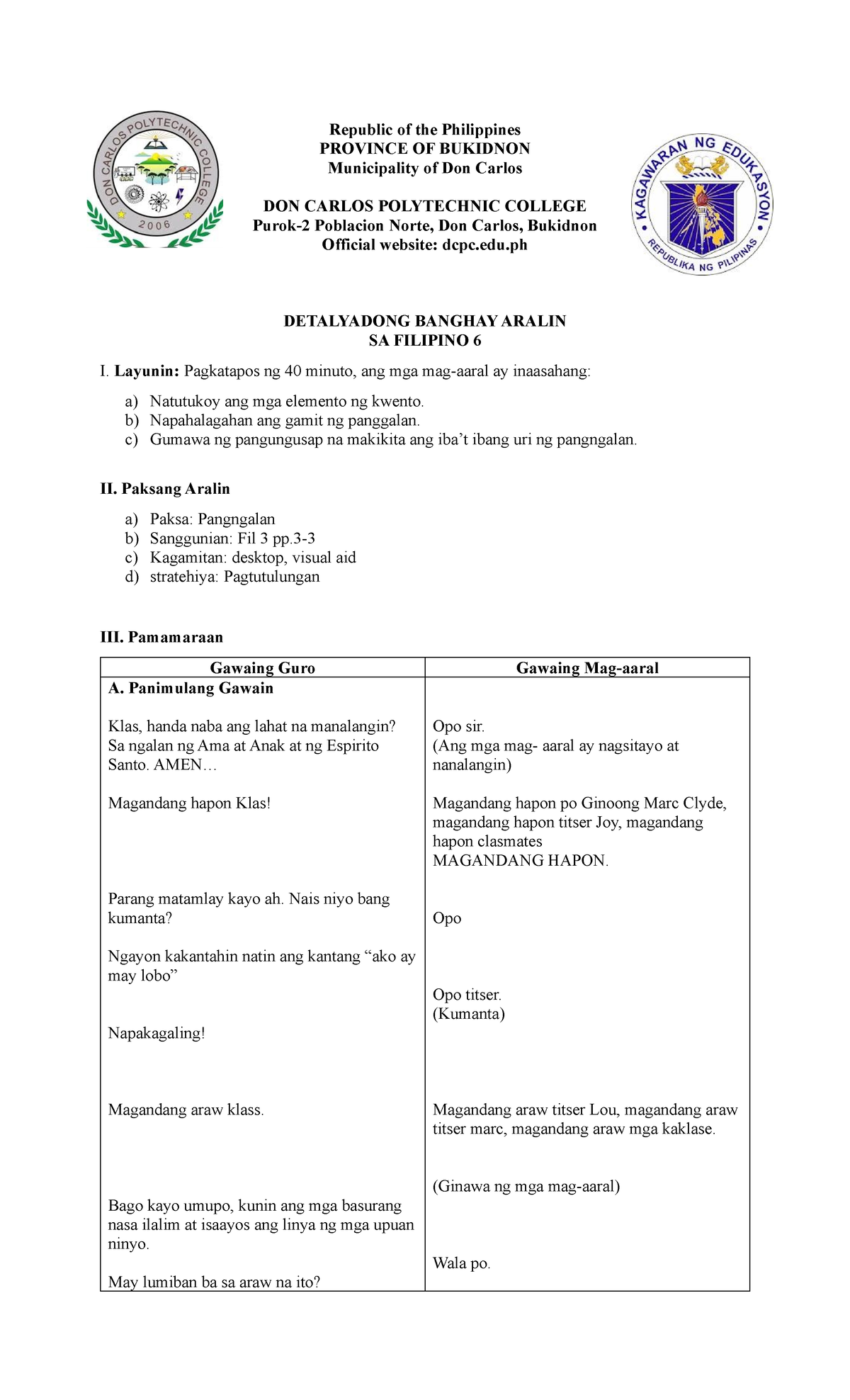 Filipino 6 Detailed Lesson Plan: Pangngalan and Its Elements - Studocu
