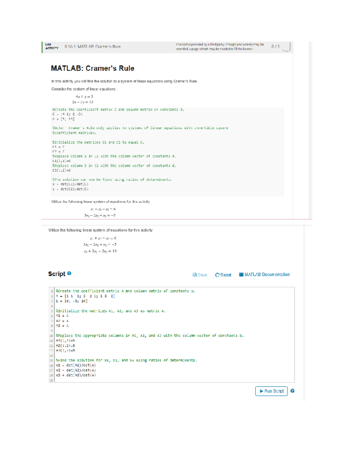 Mat 350 Activity 3.16: Solving Linear Equations with MATLAB - Studocu
