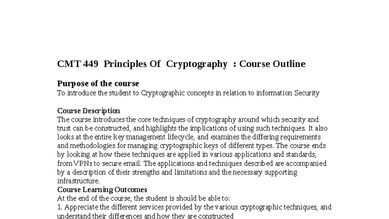 CMT 449 Introduction to Cryptography: Course Overview and Goals - Studocu