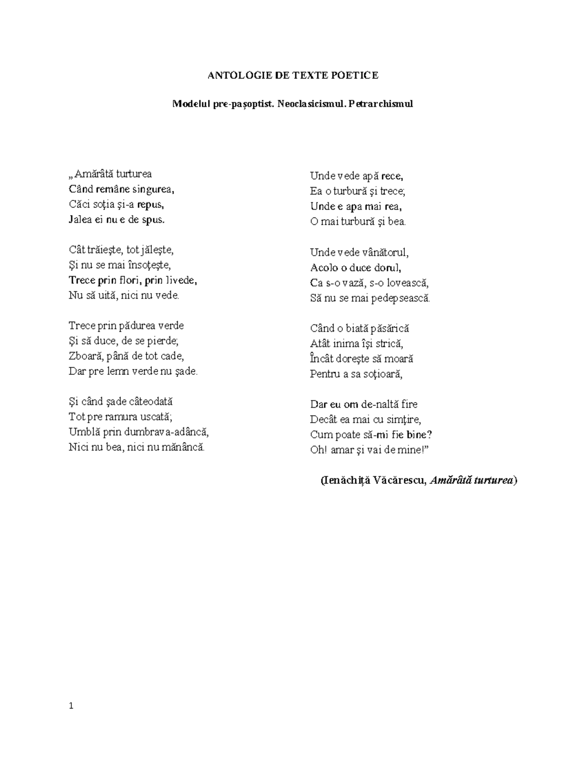 Antologie de Texte Poetice: Neoclasicism și Romantism - Studocu