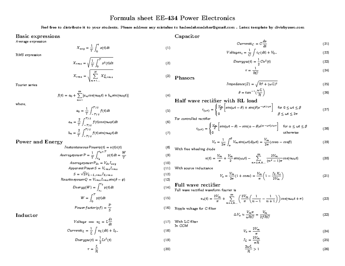 Formula Sheet for EE-434: Power Electronics Essentials - Studocu