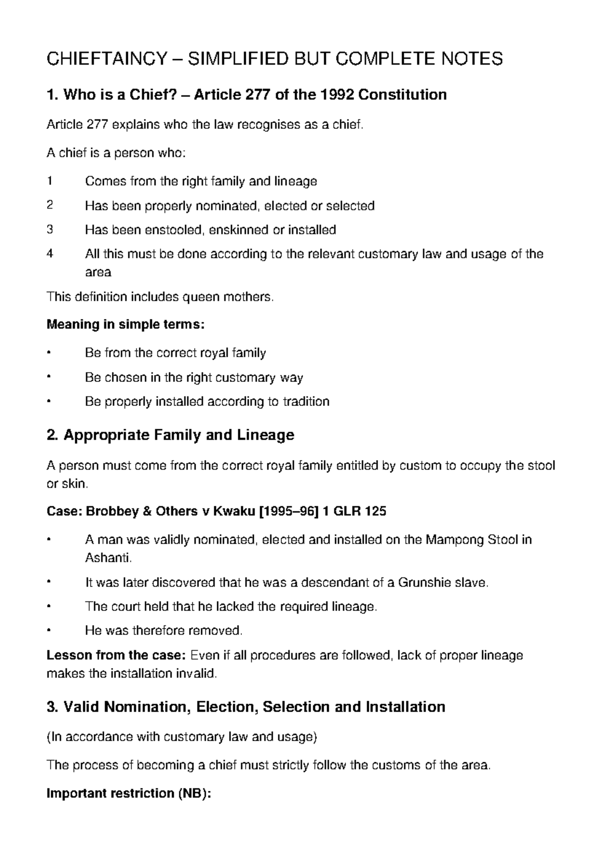 CHIEFTAINCY NOTES: COMPLETE GUIDE TO CUSTOMARY LAWS & PROCEDURES - Studocu