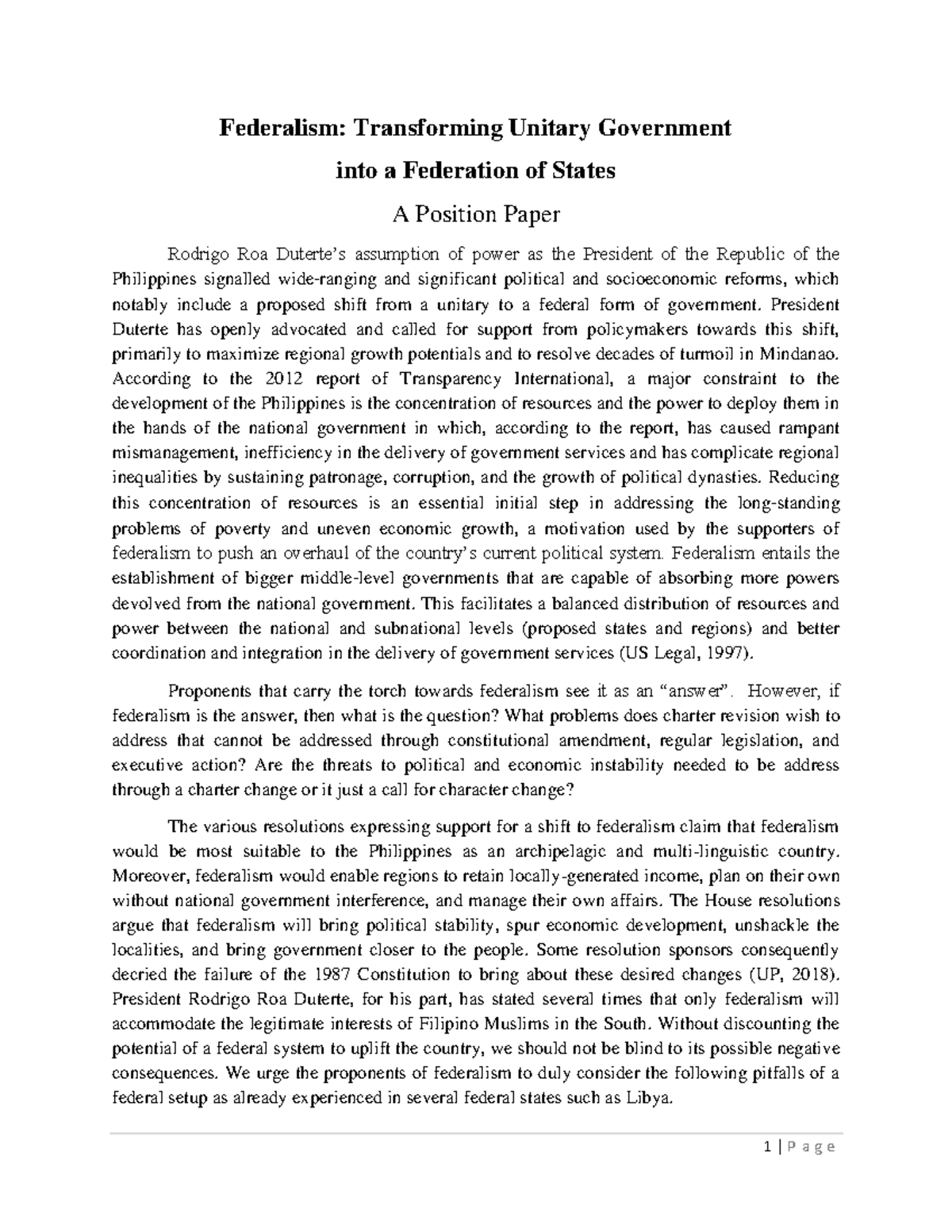 Position Paper on Federalism in the Philippines: Opportunities and ...