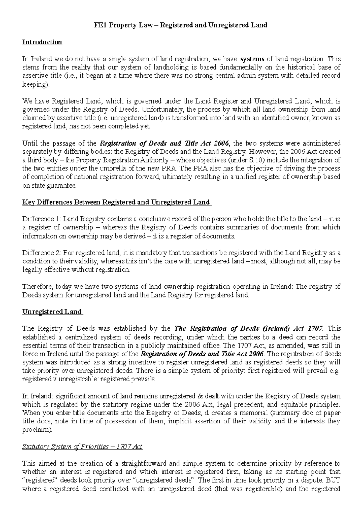**FE1 Property Law - Overview of Registered vs Unregistered Land ...