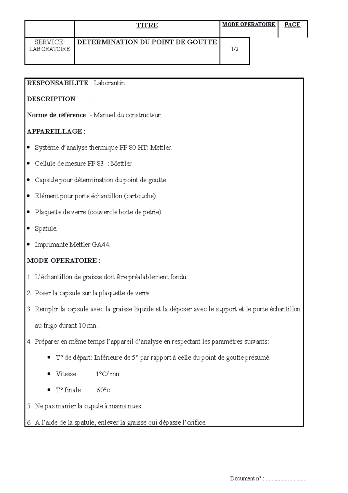 Mode Opératoire pour la Détermination du Point de Goutte en Lab - Studocu