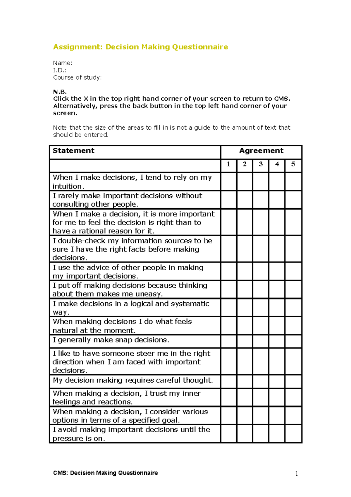 Decision Making Questionnaire 2: Insights and Reflections - Studocu