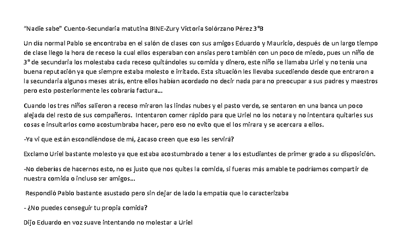 Cuento sobre Bullying y Amistad en 3°B - ZURY Victoria Solórzano Pérez ...