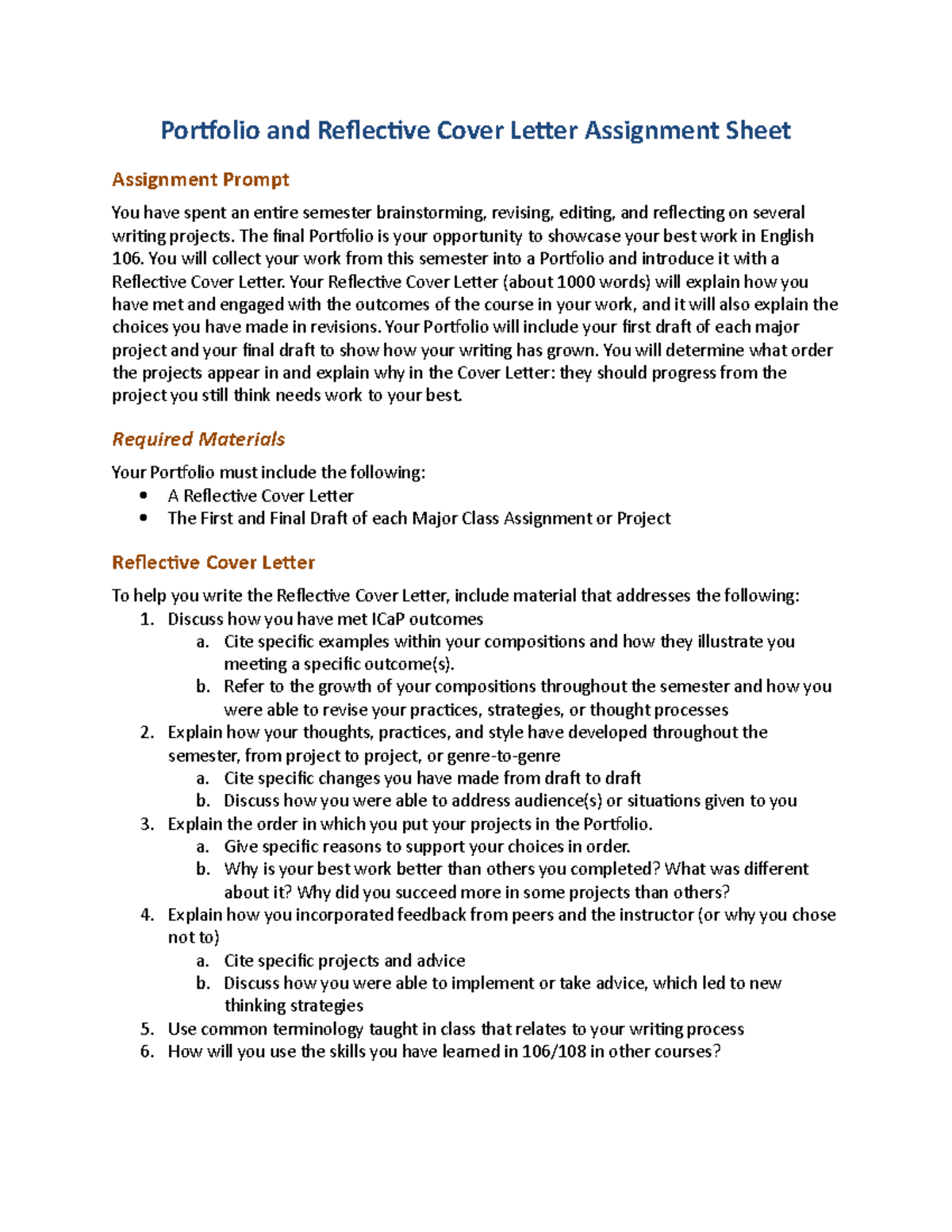 English 106: Portfolio & Reflective Cover Letter Assignment Guide - Studocu