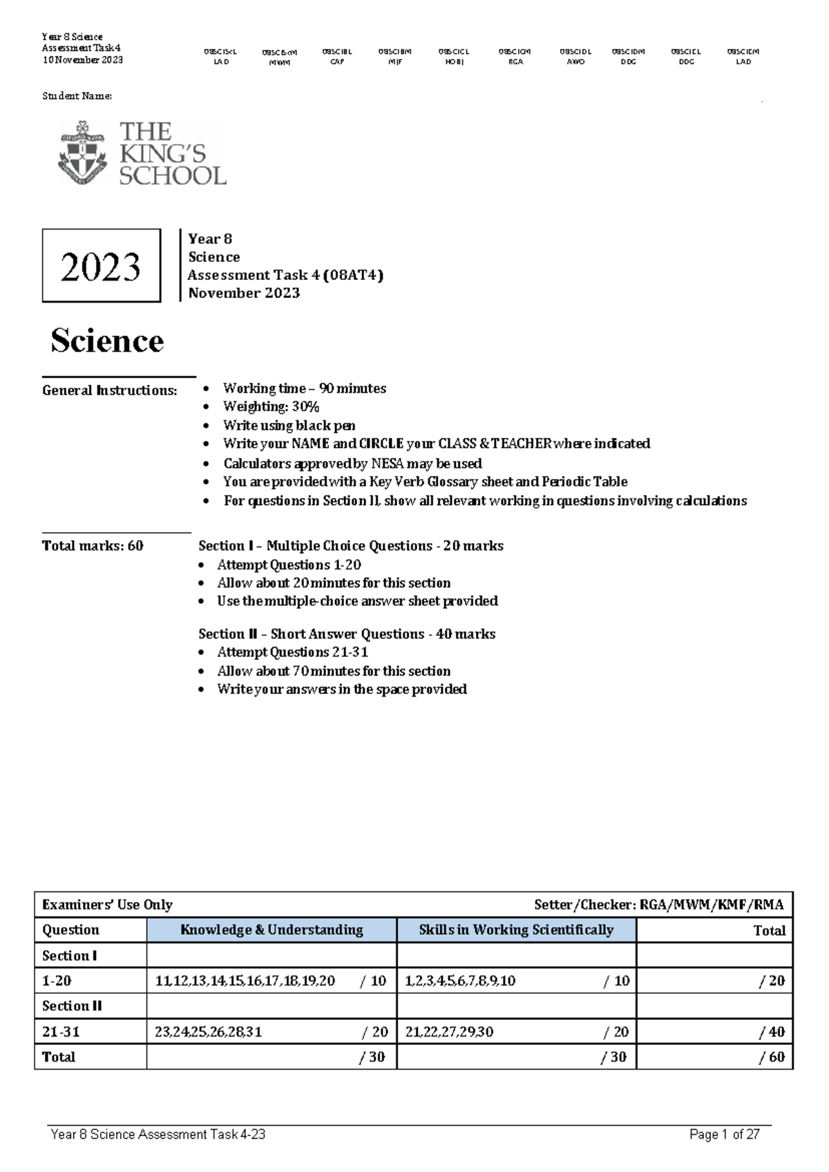 Yr 8 Science Assessment Task 4 (08AT4) - November 10, 2023 - Studocu