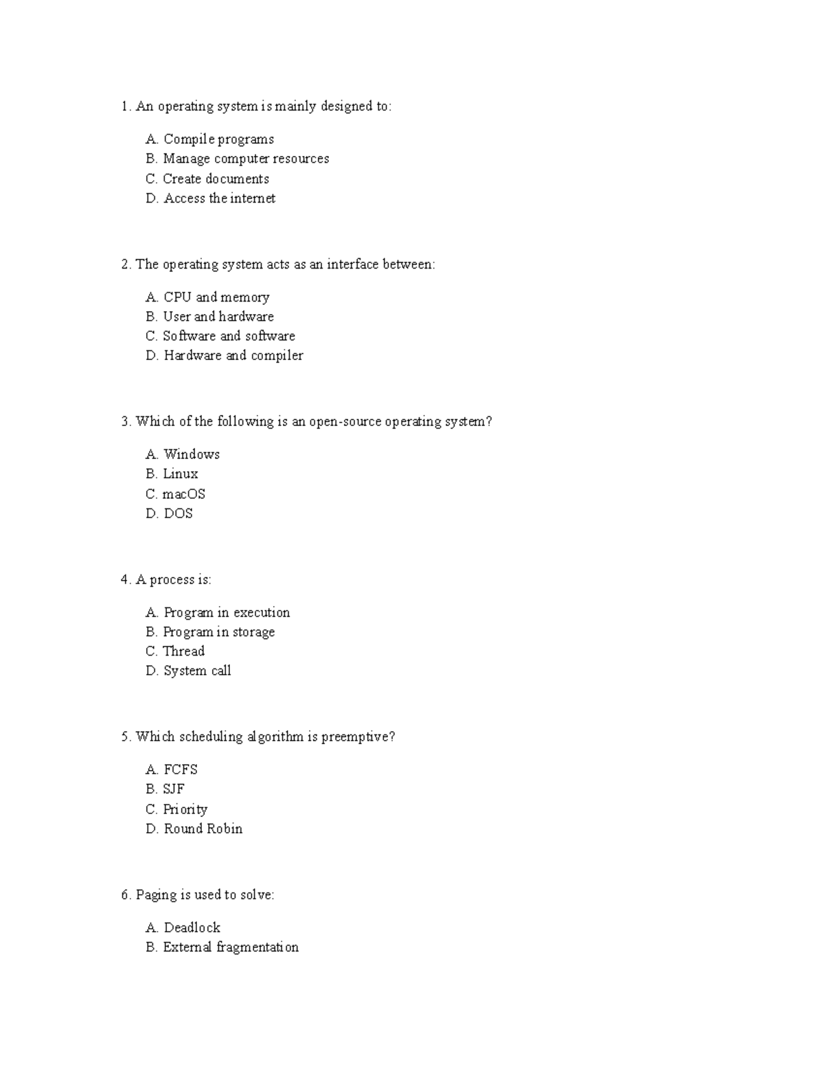 Operating System MCQ Quiz (CS101) - No Answers Included - Studocu