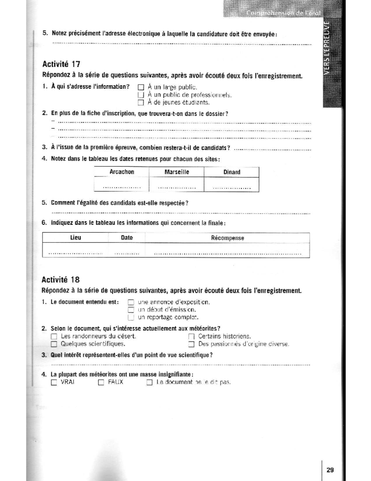 Compréhension de 5 - Activités et Questions Écoute P29 - Studocu