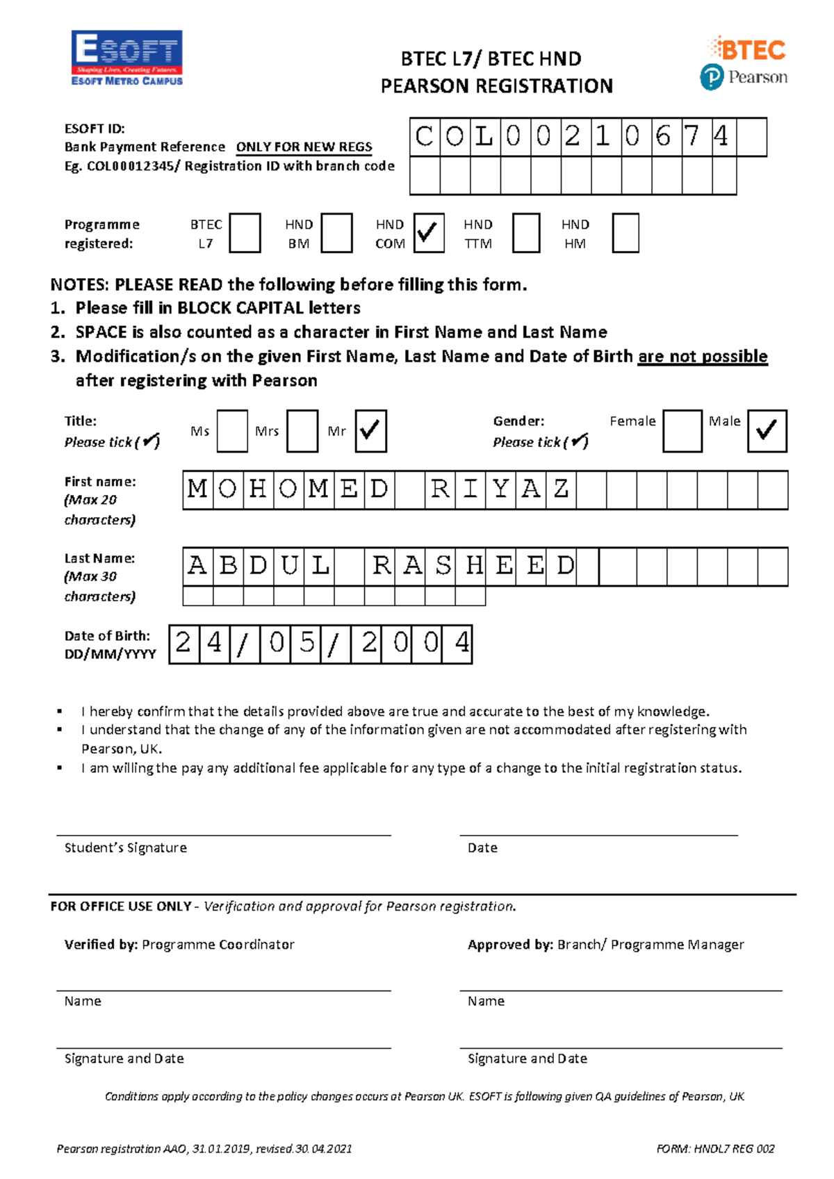 HND and L7 Pearson registration form student and branch (2)-1 - BTEC L7 ...