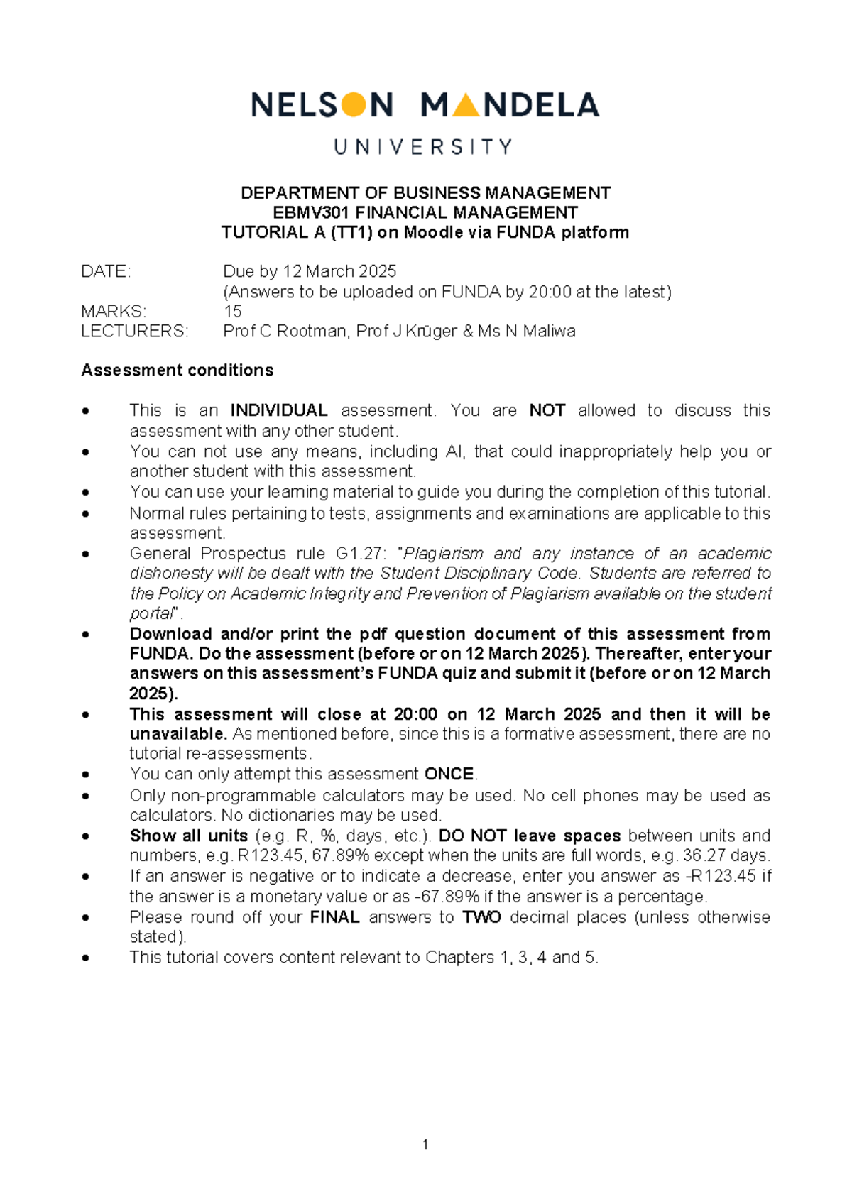 EBMV301 Financial Management Tutorial A Questions for 2025 - Studocu