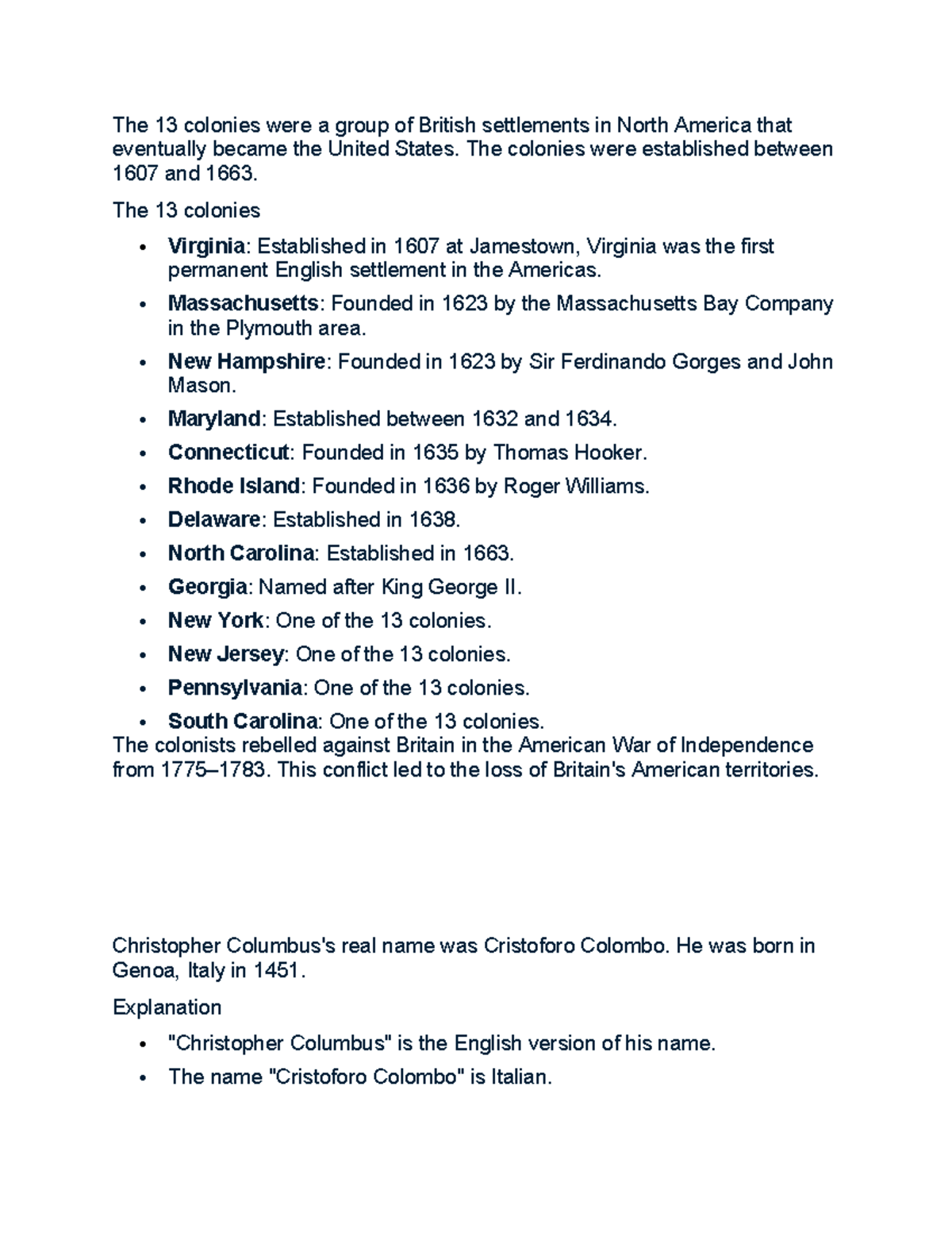 US History: Overview of the 13 Colonies and Their Establishment - Studocu