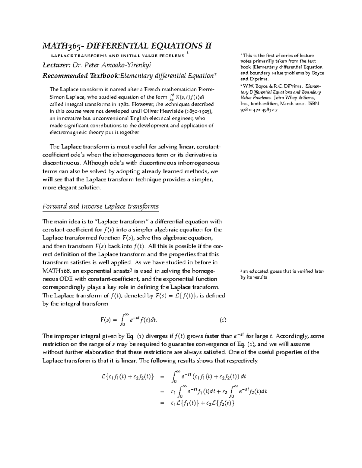 Bernouli Differential equation - MATH 365 - DIFFERENTIAL EQUATIONS II laplace transforms and ...