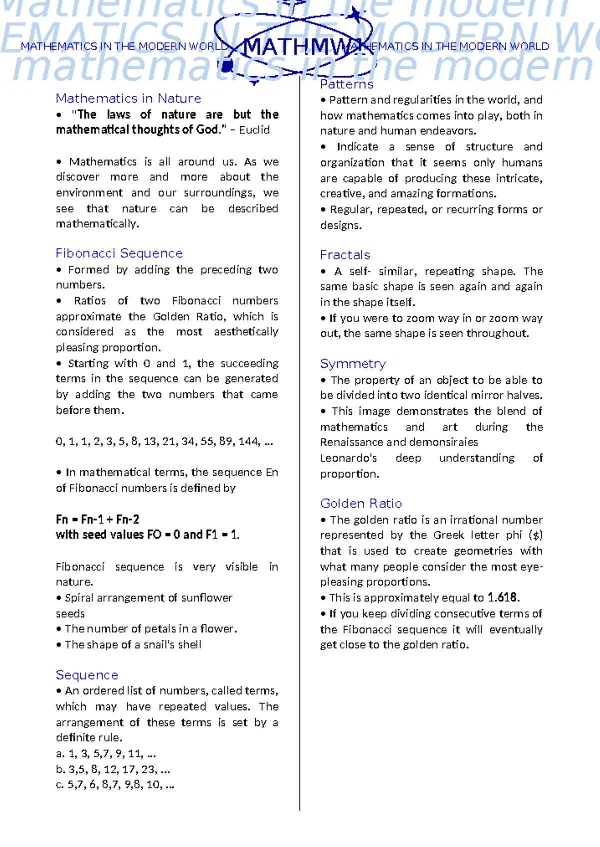 Mathematics in the Modern World: MATHMW1 Insights on Nature & Patterns ...
