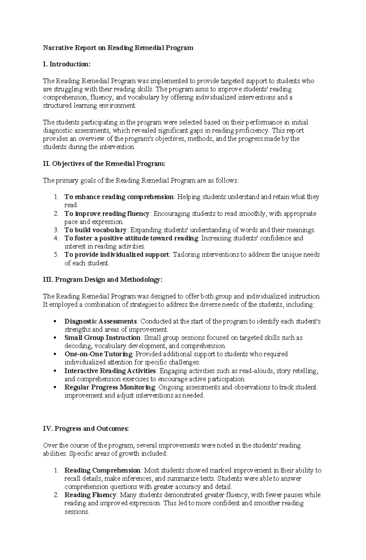 Narrative Report on Reading Remedial Program: Progress & Outcomes - Studocu