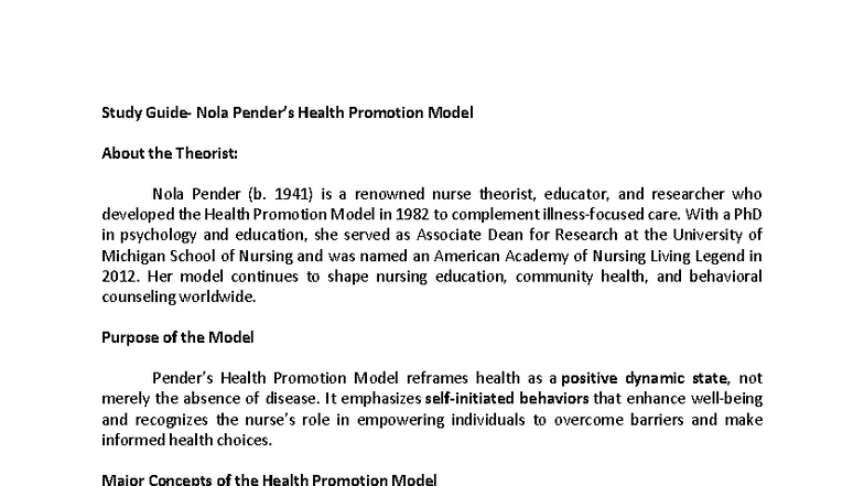 Nola Pender's Health Promotion Model: Key Concepts & Applications - Studocu