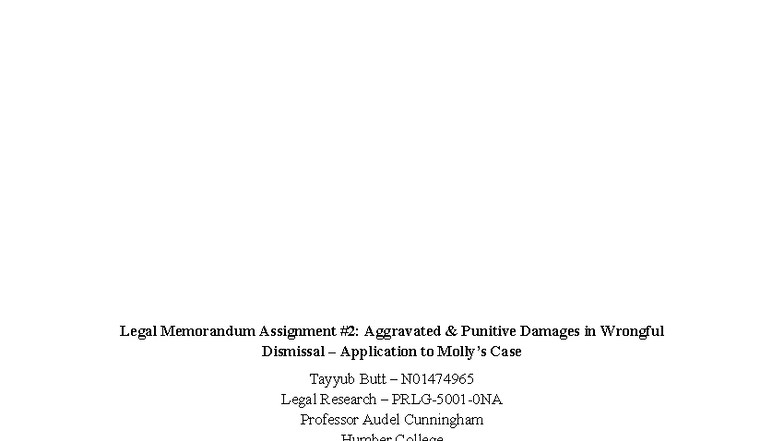 Legal Memorandum Assignment #2: Aggravated & Punitive Damages in Molly ...