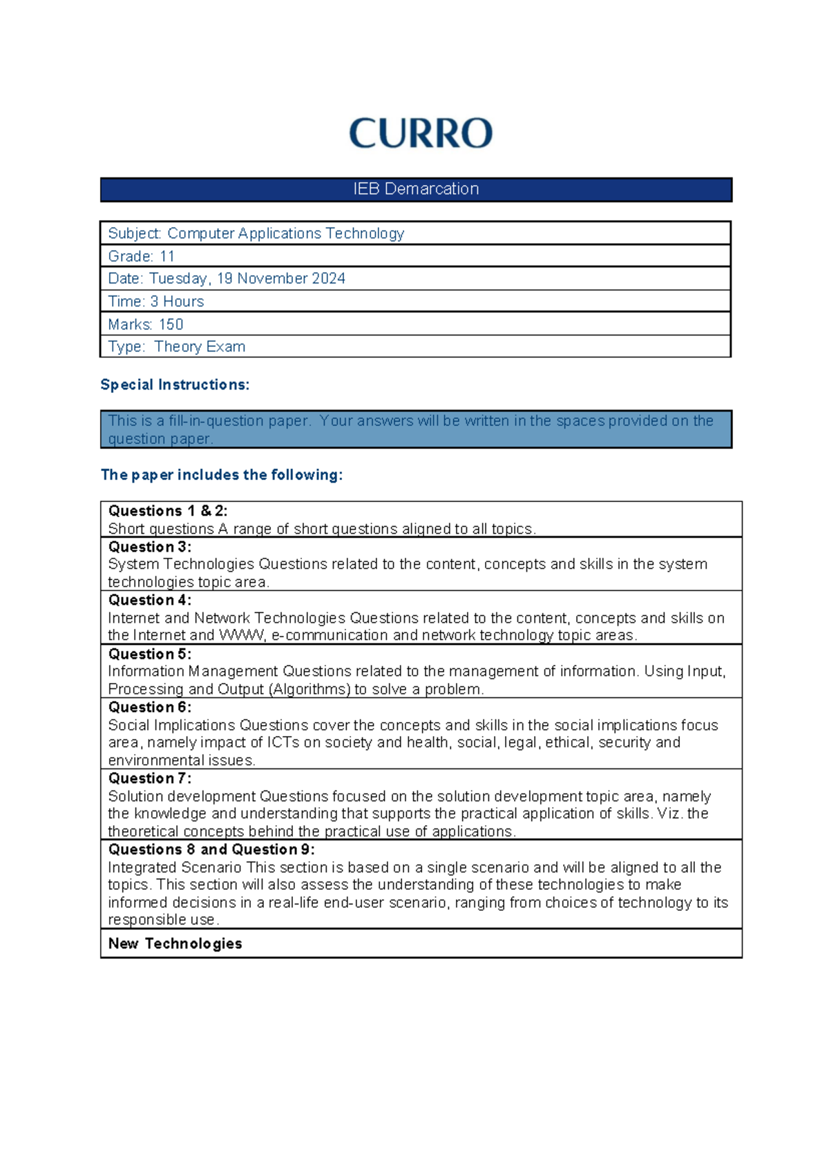 Grade 11 CAT IEB Theory Exam Demarcation - Nov 2024 Guide - Studocu