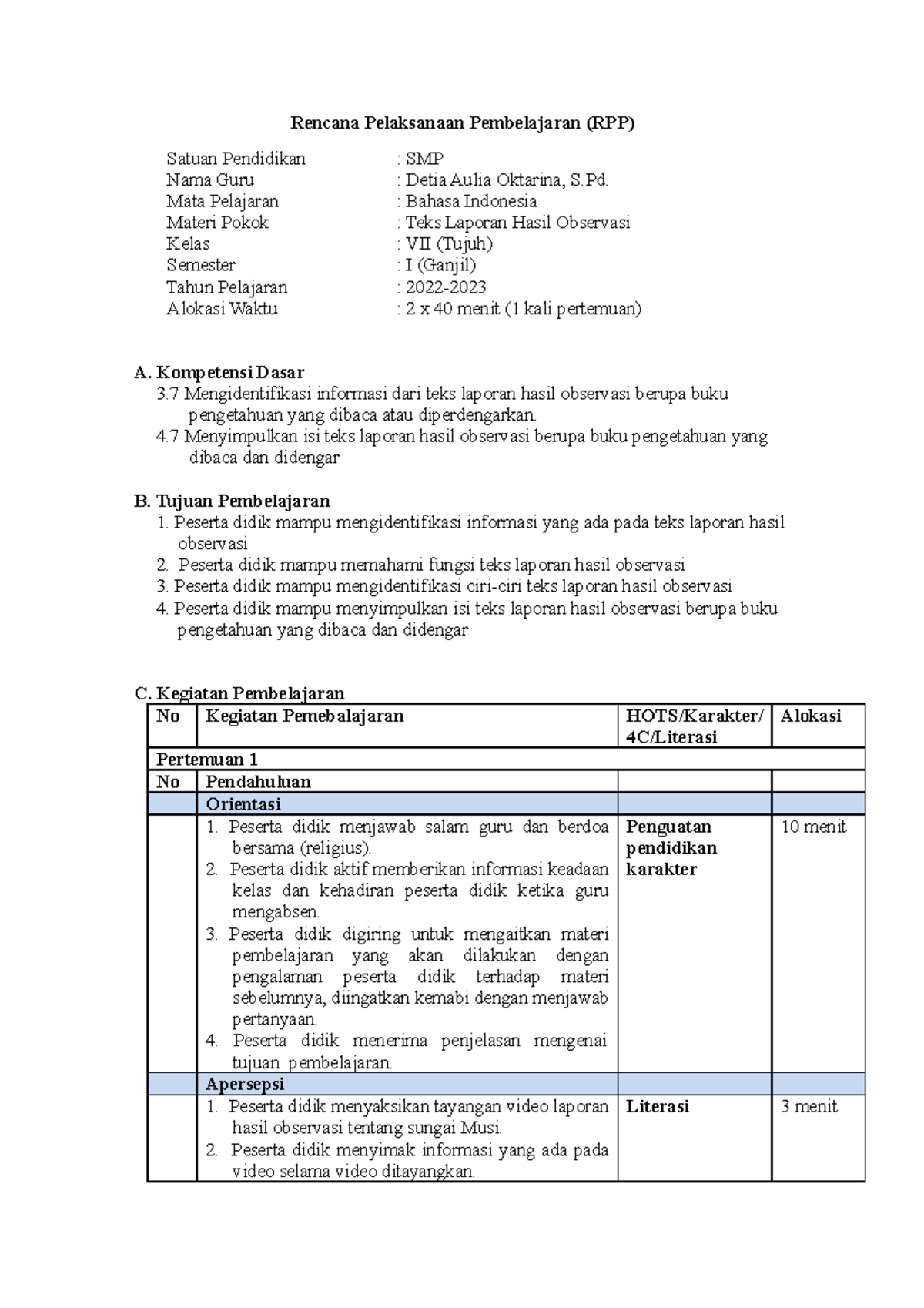 RPP Model Pembelajaran HOTS Kelas VII Bahasa Indonesia SMP - Studocu
