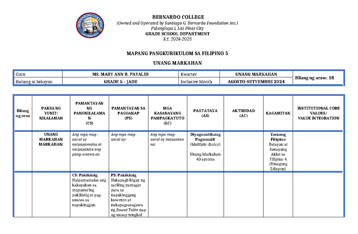1Q-CM-FIL 5 - Unang Markahan Curriculum Map Guide - Studocu