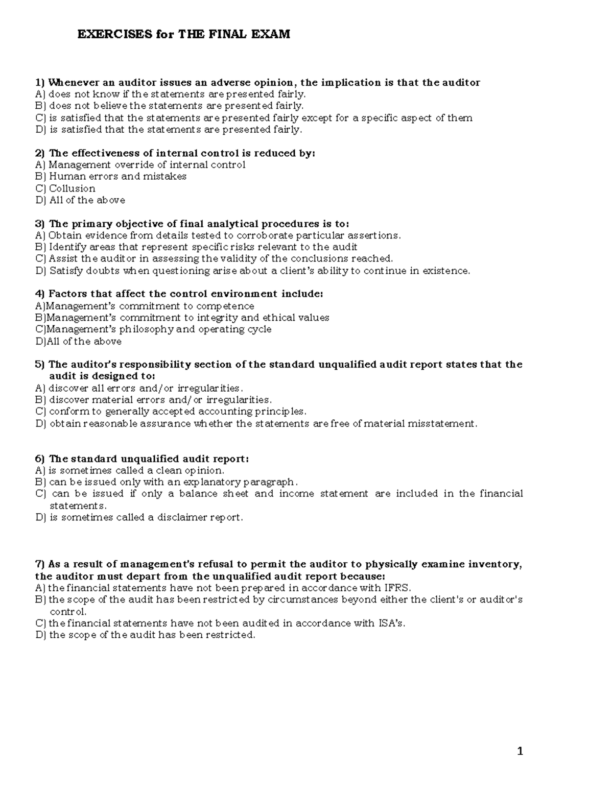 Final Exam Review: Auditing Concepts and Procedures (Course Code: AUD ...