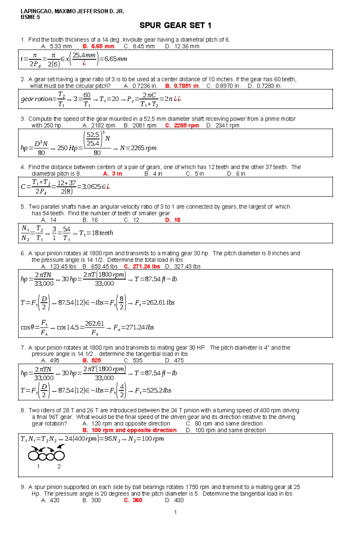 BSME - Machine Design Problem Sets: Comprehensive Gear Analysis - Studocu