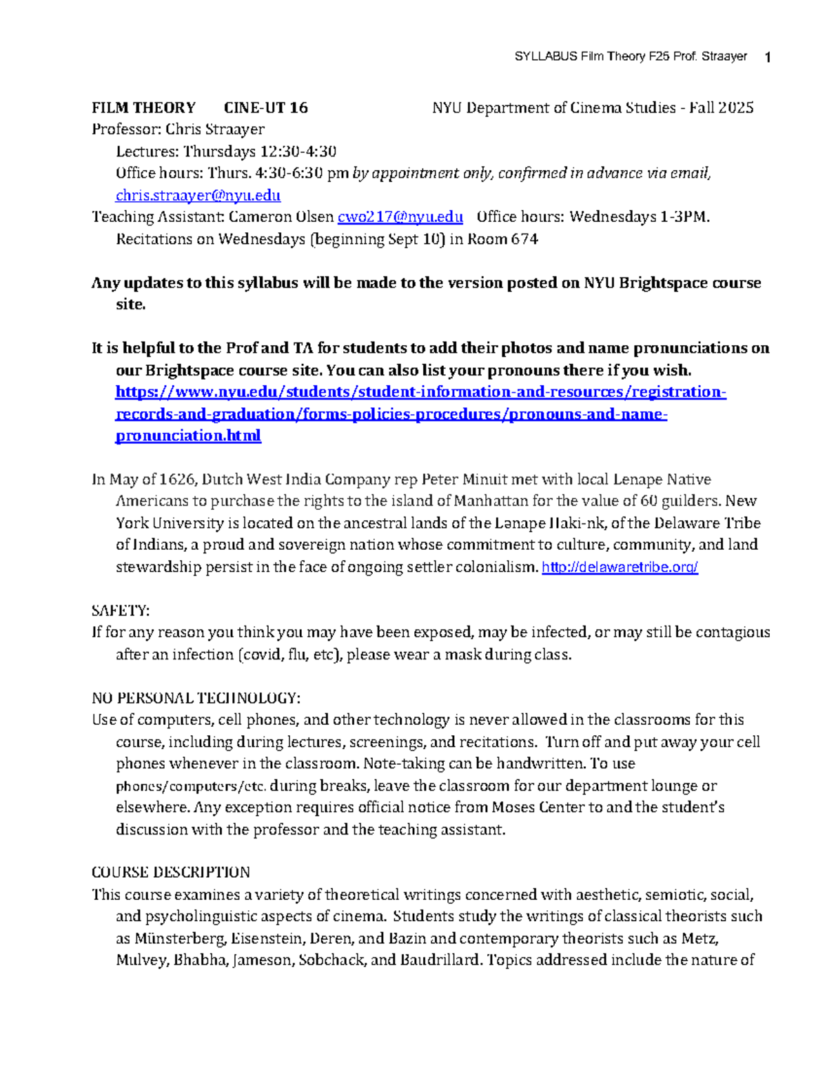 Syllabus for Film Theory F25 - Fall 2025 with Prof. Straayer - Studocu